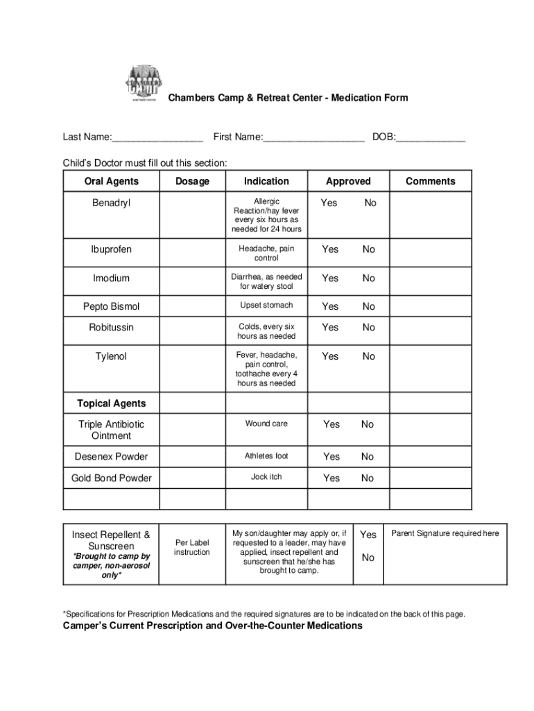 Fillable Online Chambers Camp & Retreat Center - Medication Form Fax ...