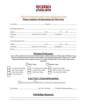 Fillable Online 2021 Fall Volleyball Adult League Registration Form ...
