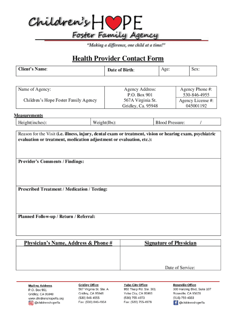 Fillable Online Health Provider Contact Form Fax Email Print - pdfFiller