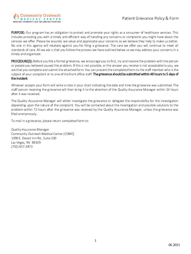 Fillable Online Patient Grievance Policy & Form Fax Email Print - pdfFiller