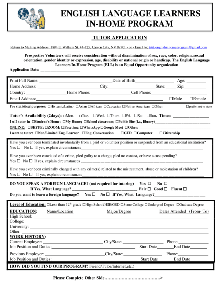 Fillable Online ESL In-Home Program of Northern NevadaOne on One ... Fax Email Print - pdfFiller