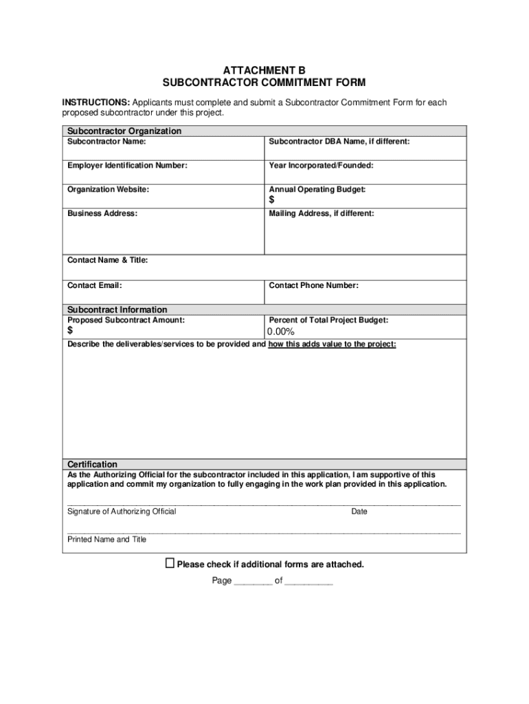 Fillable Online ATTACHMENT B SUBCONTRACTOR COMMITMENT FORM Fax Email ...