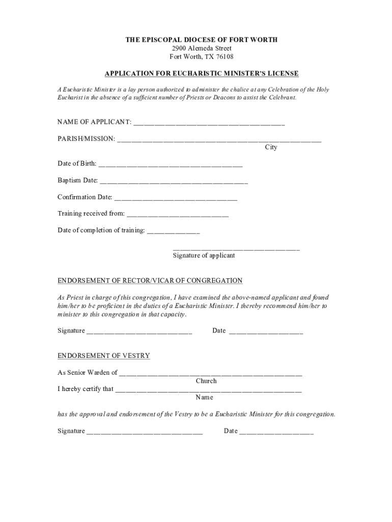 Fillable Online APPLICATION FOR RENEWAL OF EUCHARISTIC MINISTERS ...