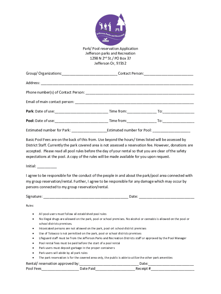 Fillable Online Pool and Park Rental Form Fax Email Print - pdfFiller
