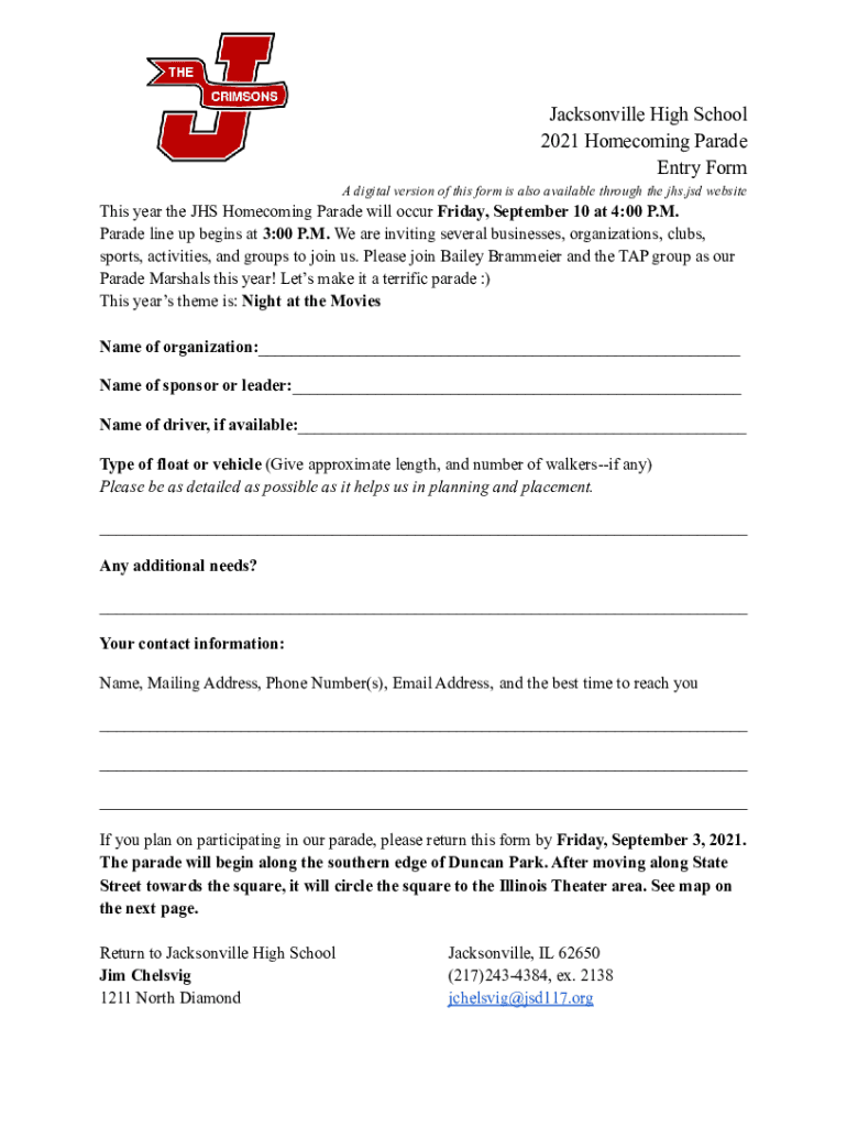 Fillable Online Jacksonville High School 2021 Homecoming Parade Entry ...