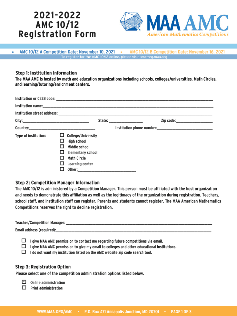 Amc 12 Registration - Fill Online, Printable, Fillable, Blank | pdfFiller