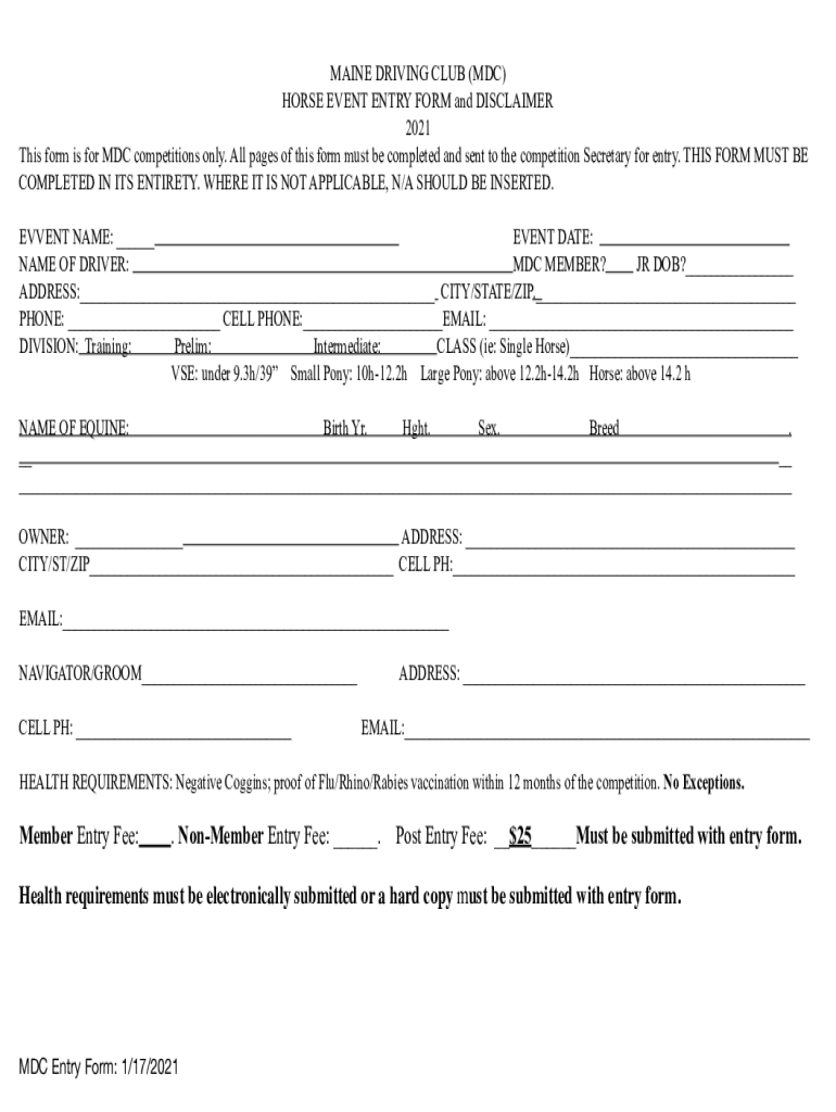 Fillable Online MDC ENTRY FORM - MAINE DRIVING CLUB - Maine Driving ...