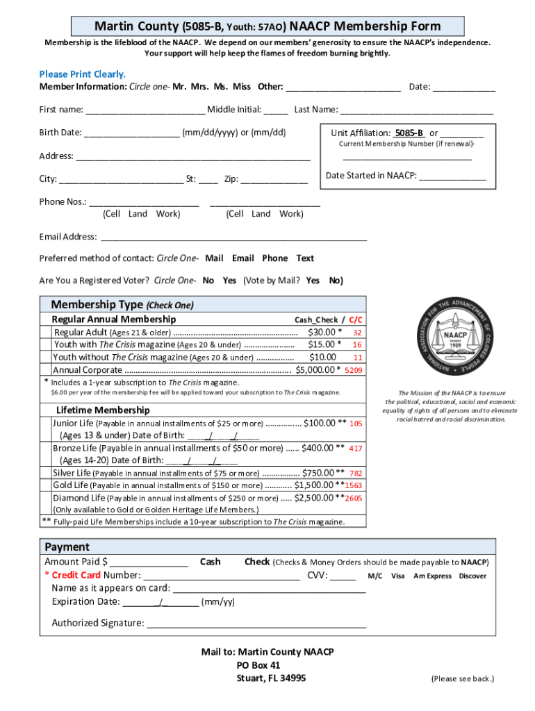 Fillable Online Martin County (5085-B, Youth: 57AO) NAACP Membership ...