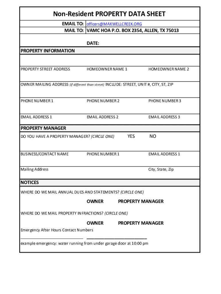 Fillable Online Property Data Sheet - Homeowners.xlsx Fax Email Print ...