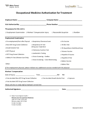 Fillable Online Occupational Medicine Authorization Form (for Employer ...