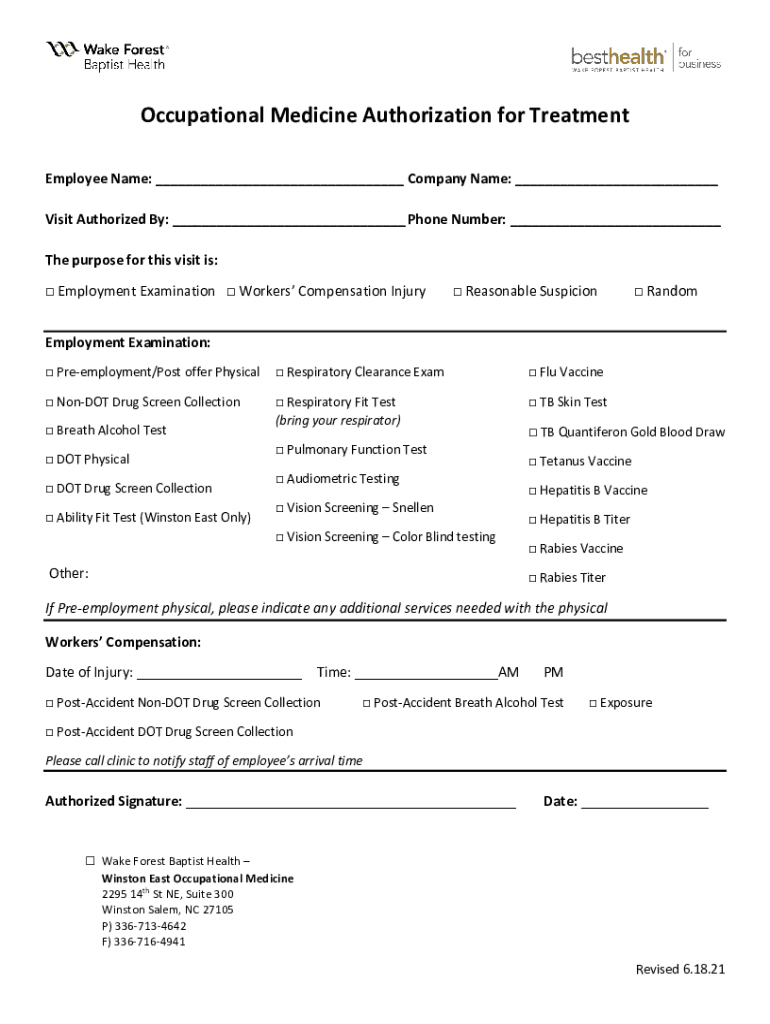 Fillable Online Occupational Medicine Authorization Form (for Employer ...