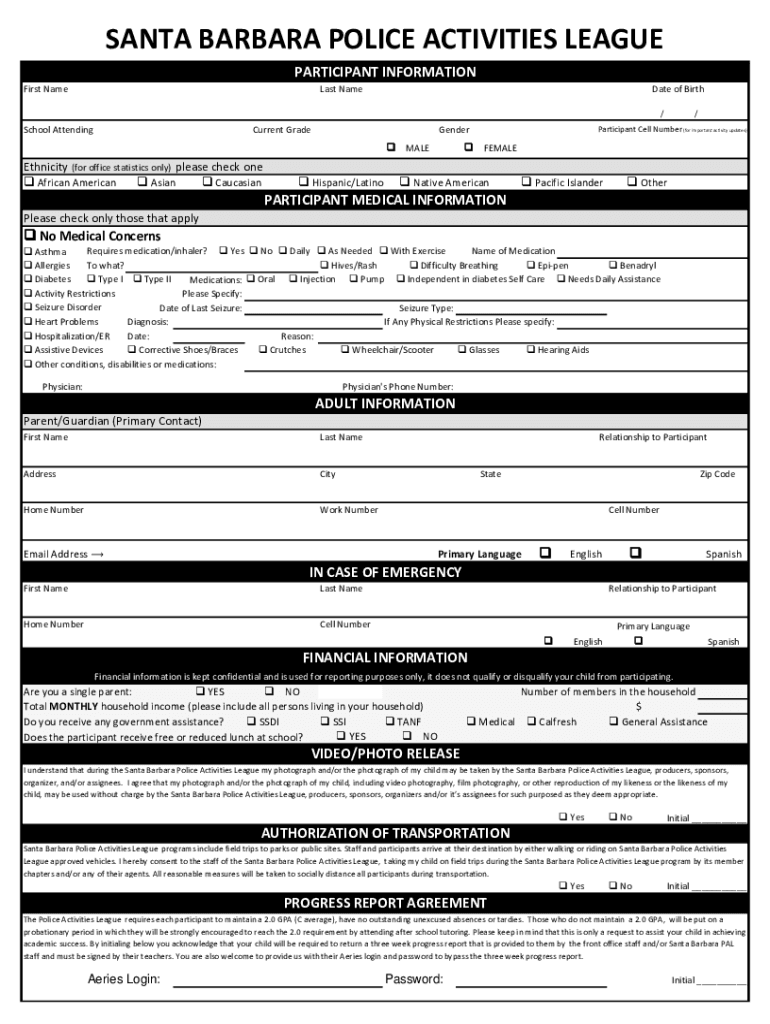 Fillable Online SANTA BARBARA POLICE ACTIVITIES LEAGUE Entered ...