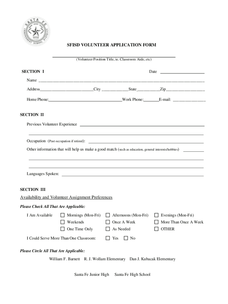 Fillable Online SFISD VOLUNTEER APPLICATION FORM Fax Email Print ...