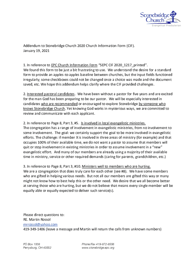 Fillable Online Addendum to Stonebridge Church 2020 Church Information ...