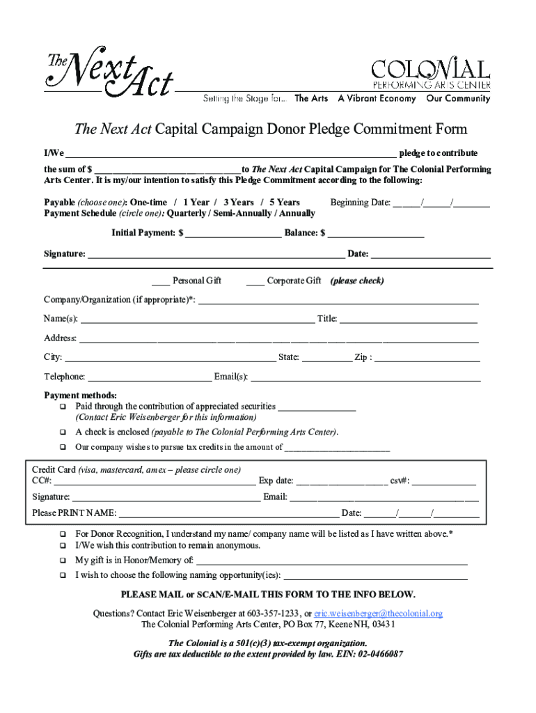 Fillable Online The Next Act Capital Campaign Donor Pledge Commitment ...