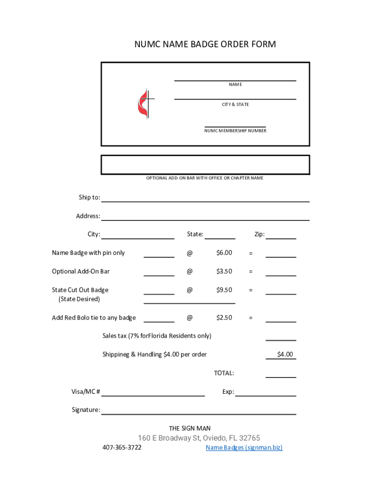 Fillable Online NUMC NAME BADGE ORDER FORM Fax Email Print - pdfFiller