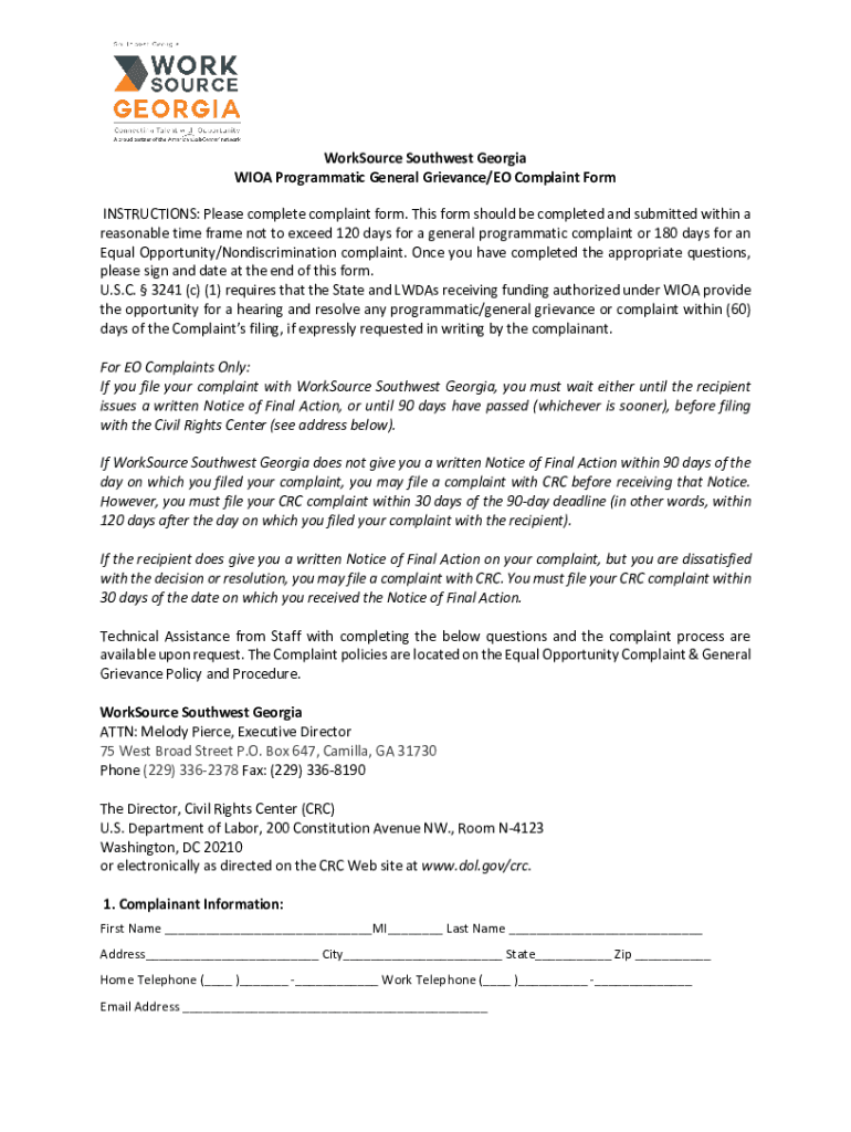 Fillable Online Fillable Online WorkSource Southwest Georgia WIOA ...