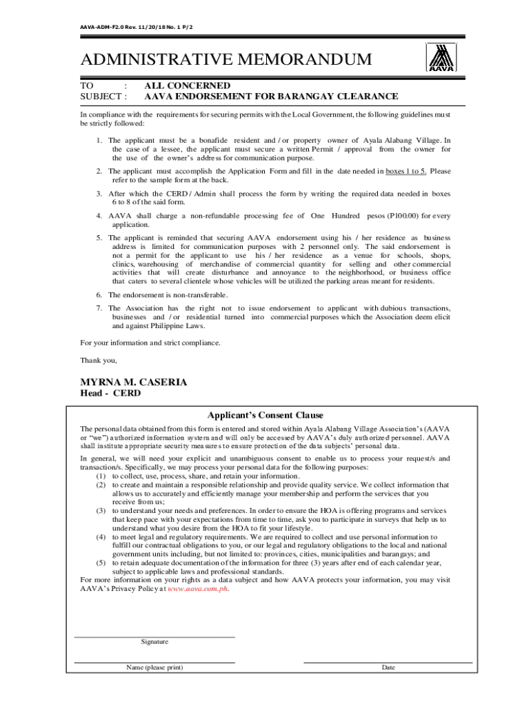 Fillable Online Endorsement for Brgy. Clearance Form - AAVA Fax Email ...