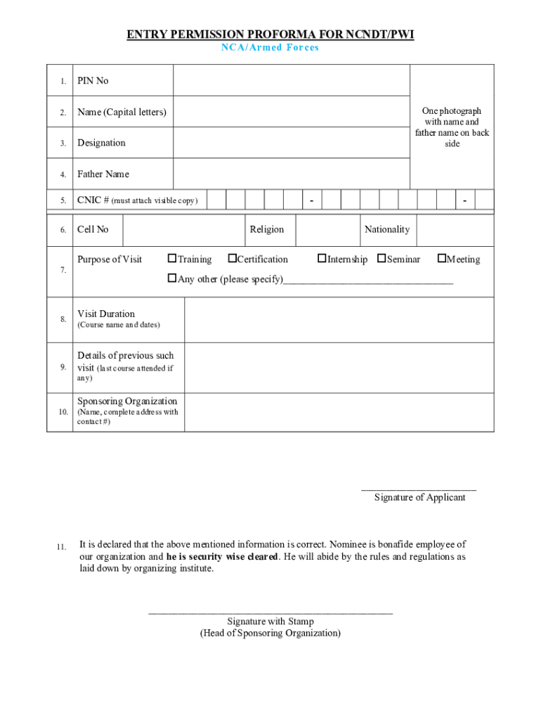 Fillable Online ENTRY PERMISSION PROFORMA FOR NCNDT/PWI Fax Email Print ...