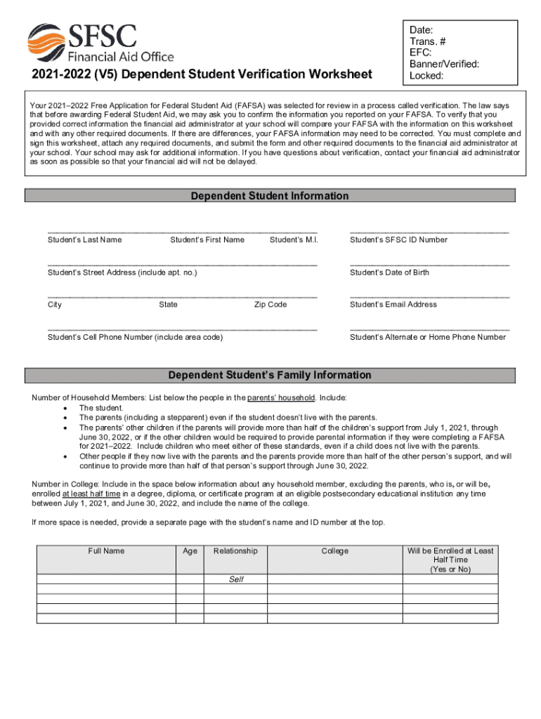 Fillable Online 2021-2022 (V5) Dependent Student Verification Worksheet Fax Email Print - pdfFiller