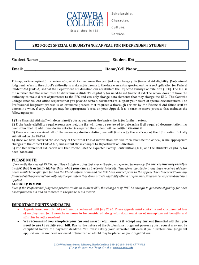 Fillable Online 2020-2021 SPECIAL CIRCUMSTANCE APPEAL FOR INDEPENDENT STUDENT Fax Email Print ...