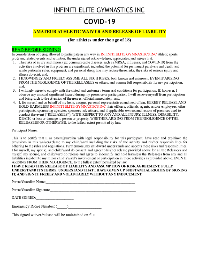 Fillable Online AMATEUR ATHLETIC WAIVER AND RELEASE OF LIABILITY CHILD ...