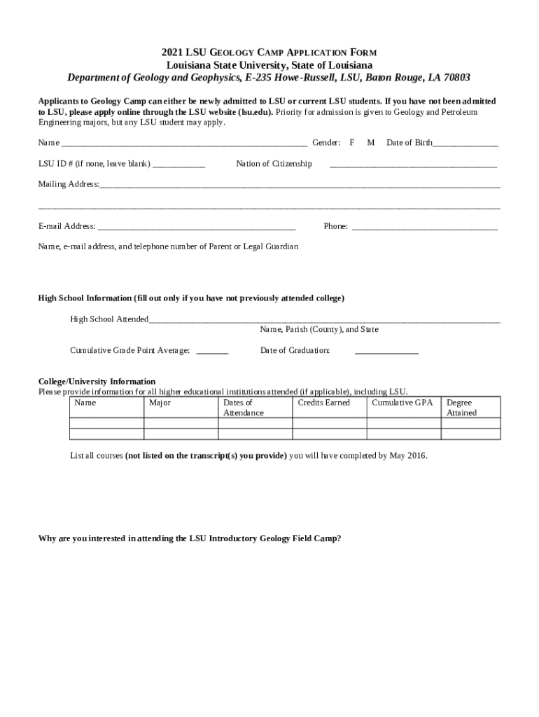 2021 LSU Geology Camp Application Doc Template | pdfFiller