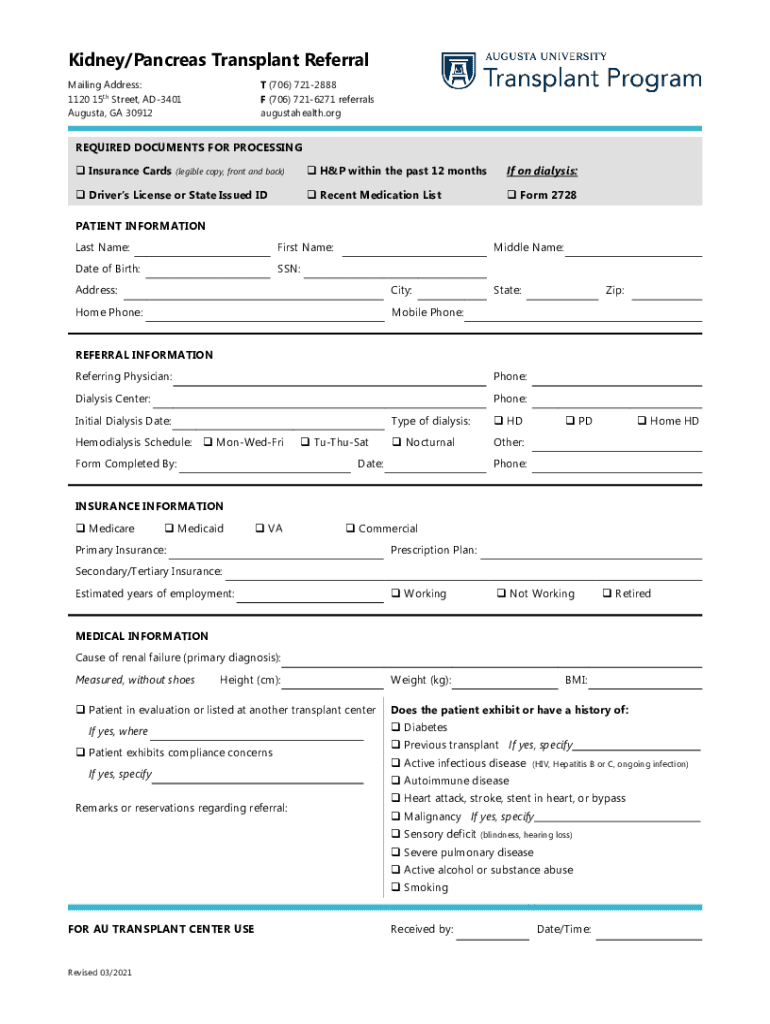 Fillable Online Kidney/Pancreas Transplant Referral Fax Email Print ...