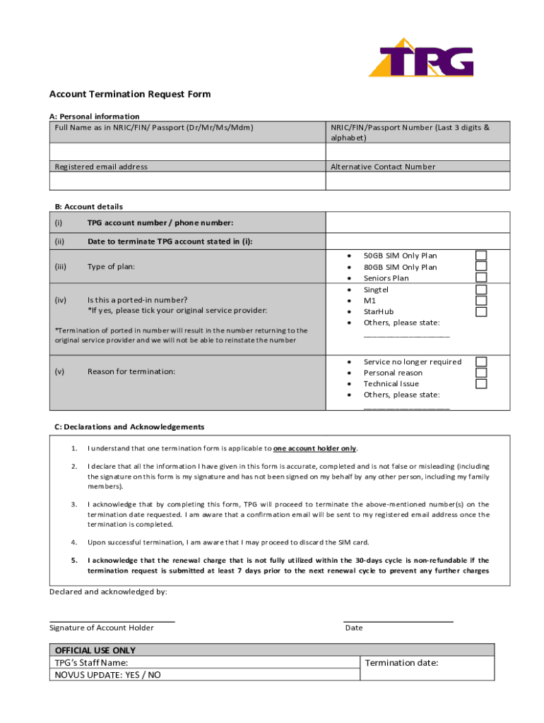 Fillable Online Account Termination Request Form - TPG Mobile Fax Email ...