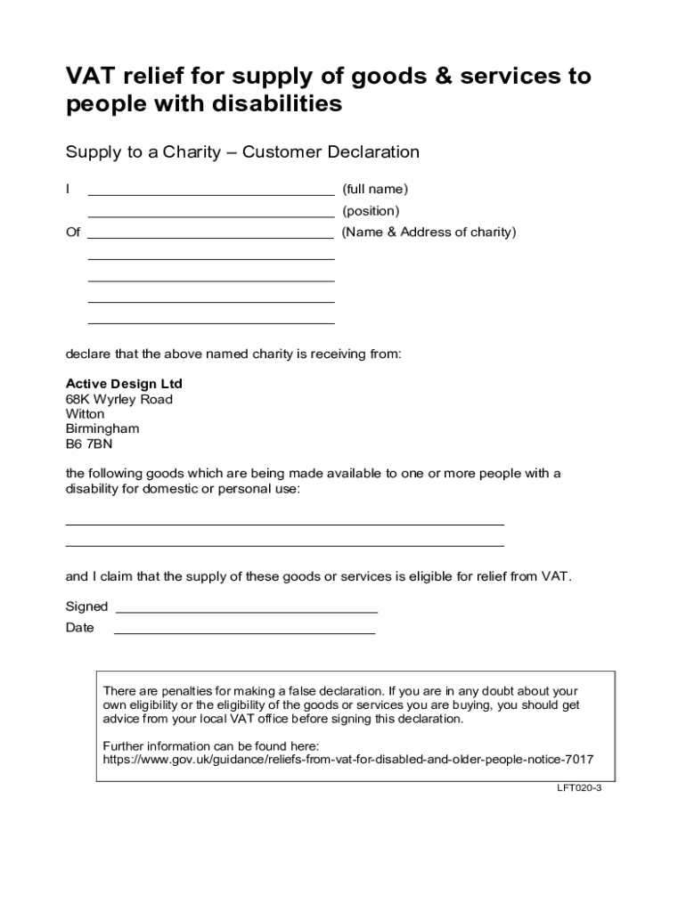 Fillable Online VAT Reliefs for Disabled People - Eligibility ...