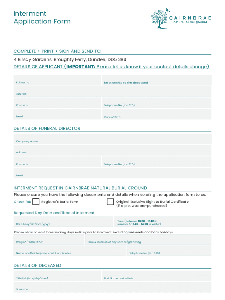 Fillable Online Interment Application Form - cairnbrae.co.uk Fax Email ...