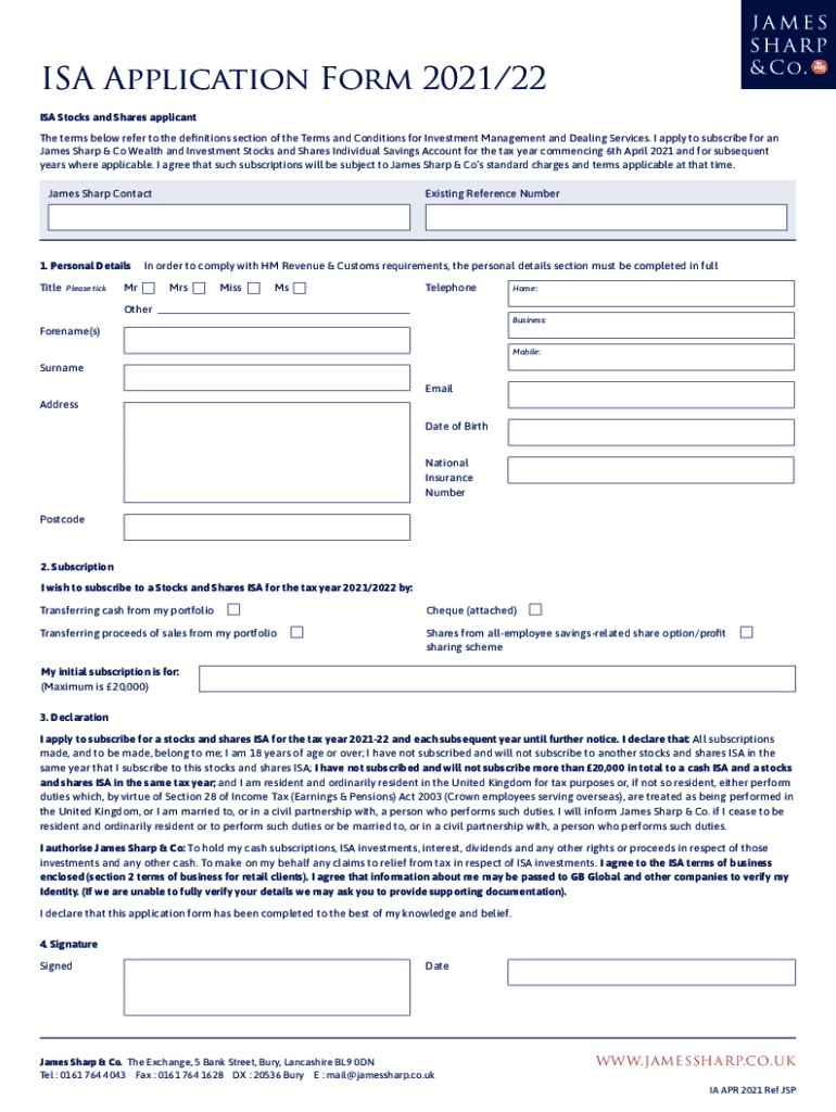 Fillable Online Junior ISA Application Form - Slater Investments Fax Email Print - pdfFiller