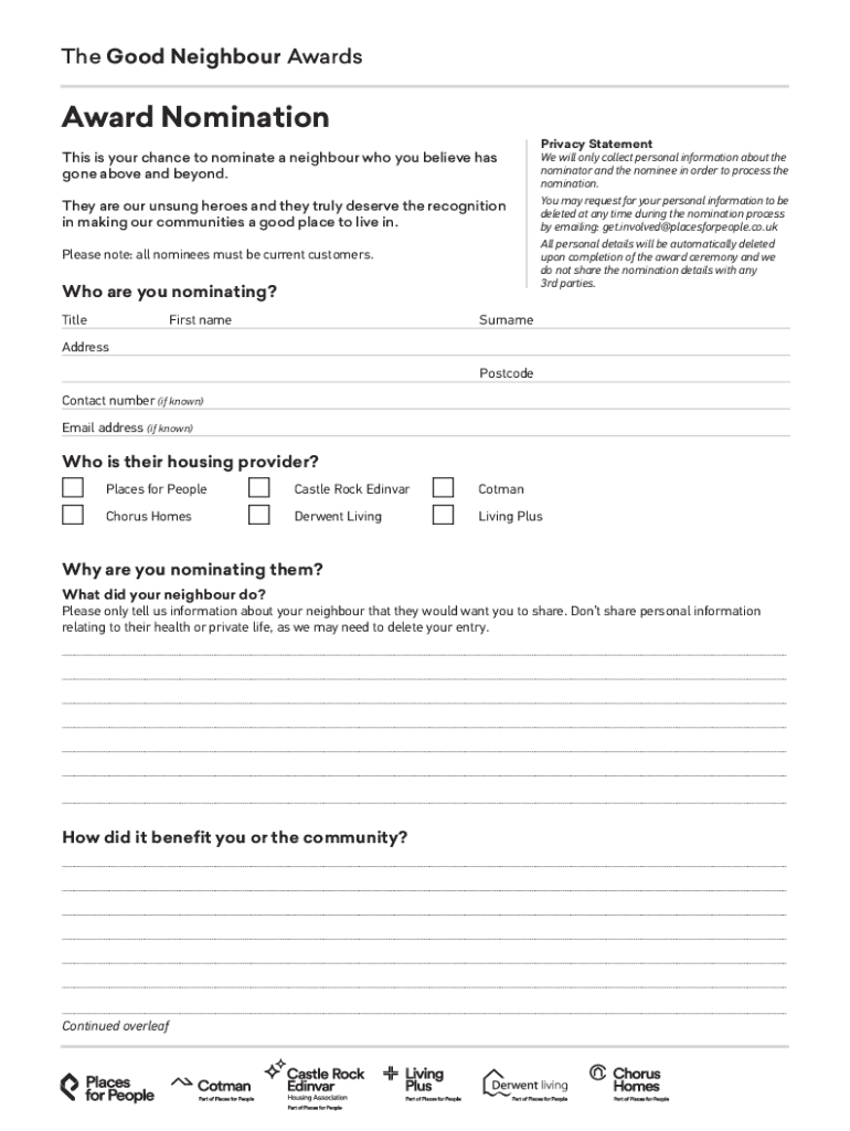 Fillable Online Co-op Members nominate their good neighbours for a ...