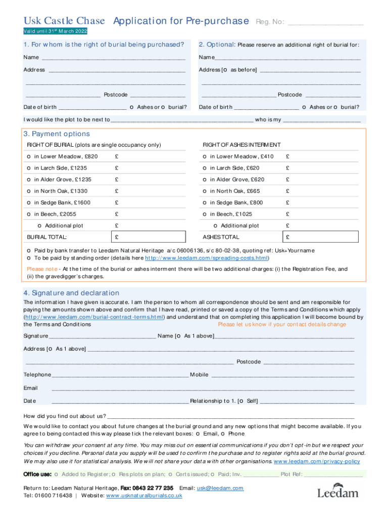 Fillable Online Usk Castle Chase Application for Pre-purchase Fax Email ...