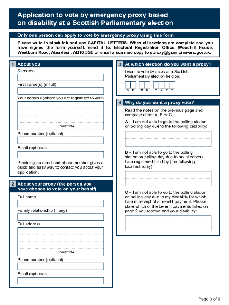 Fillable Online Application to vote by emergency proxy based on disability at a Scottish ...
