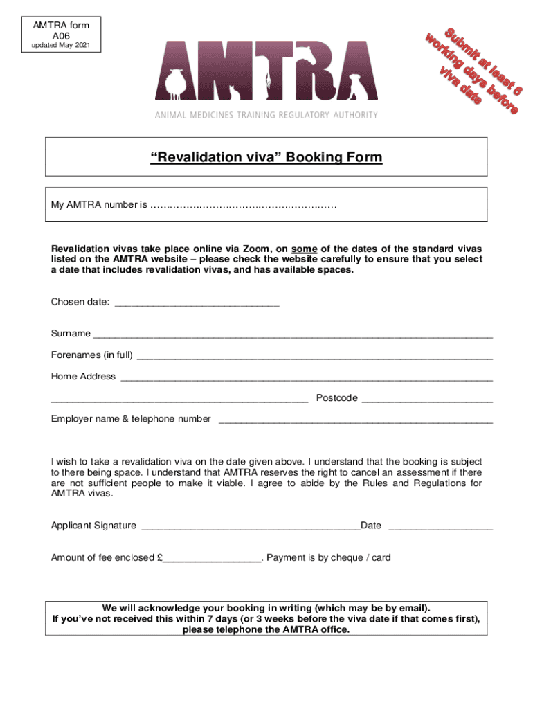 Fillable Online Revalidation viva Booking Form - amtra.org.uk Fax Email ...