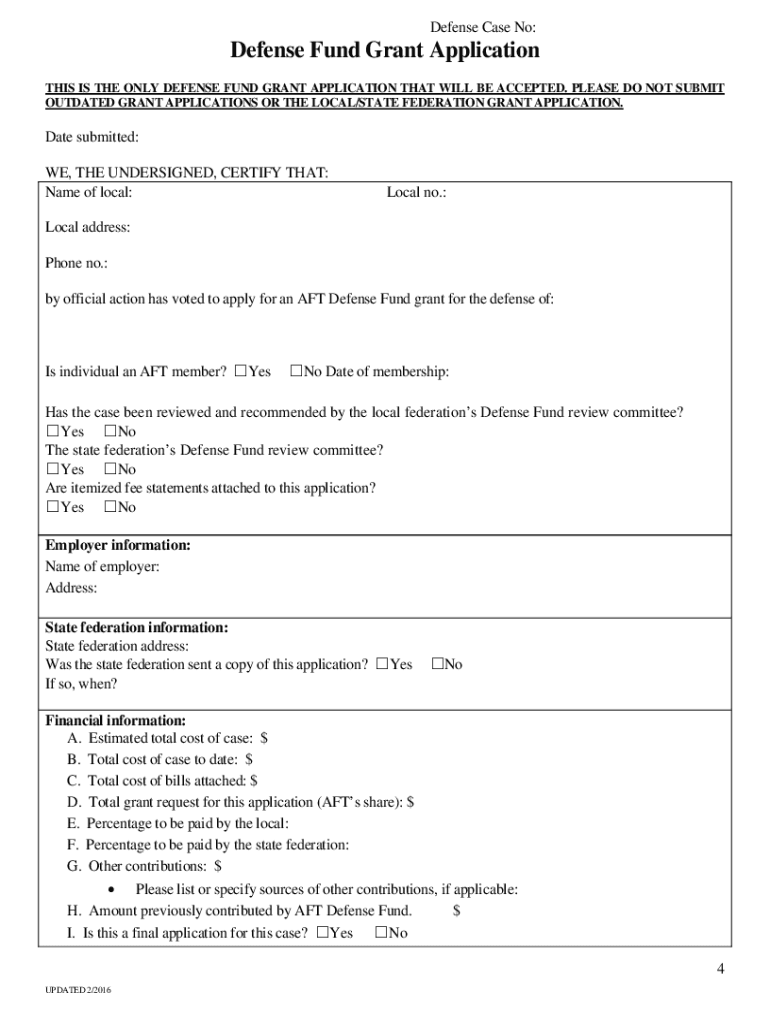 Fillable Online AFT Defense Fund Guidelines and Application 2016 ...