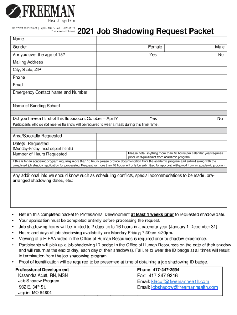 Fillable Online 2021 Job Shadowing Request Packet Fax Email Print ...