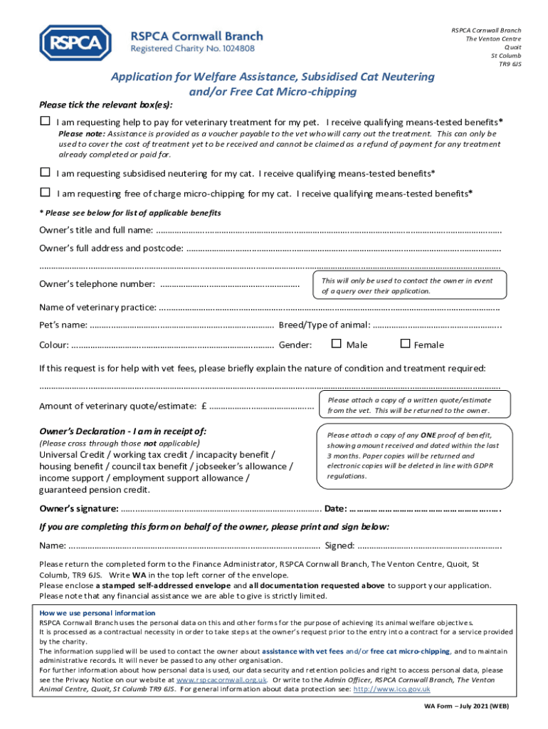 Fillable Online rspcacornwall org St Columb TR9 6JS Application for ...