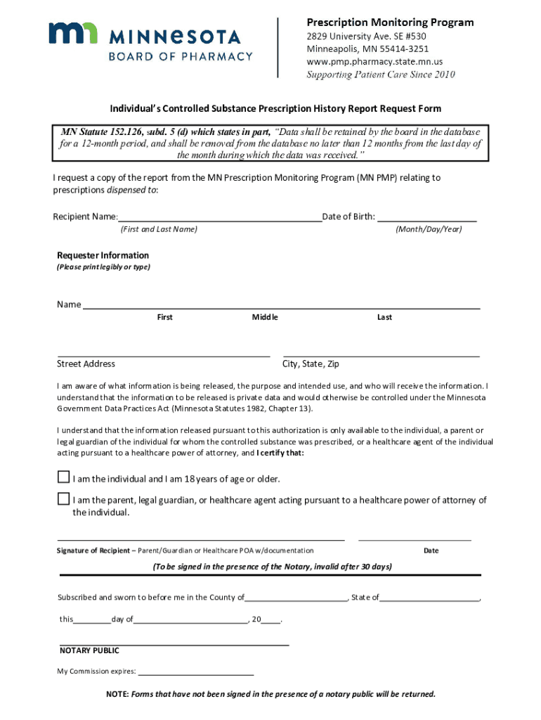 Fillable Online Individuals Controlled Substance Prescription History ...