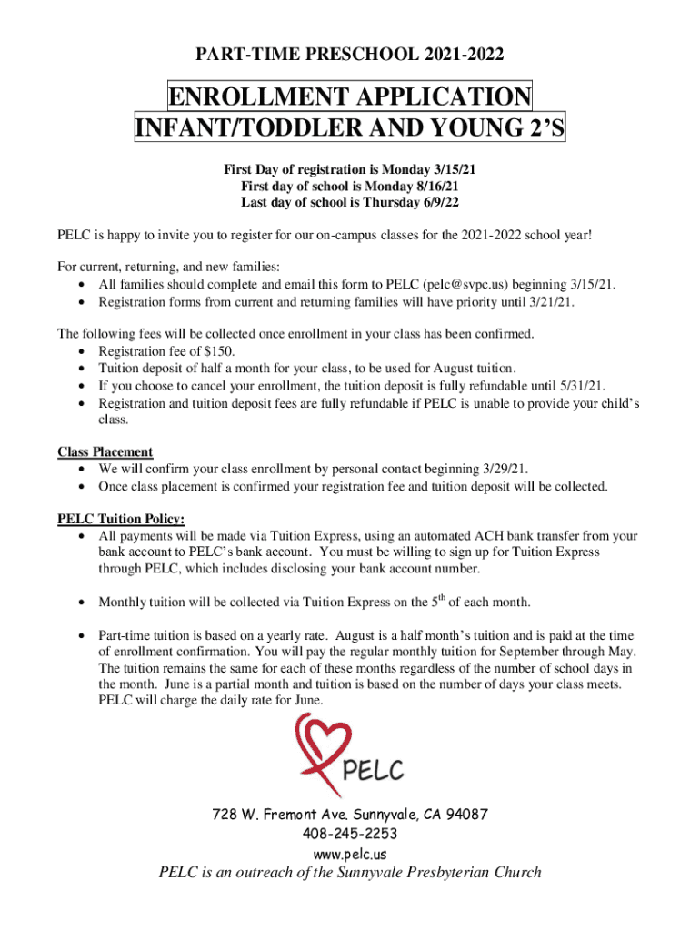 Fillable Online ENROLLMENT APPLICATION INFANT/TODDLER AND YOUNG 2S ...