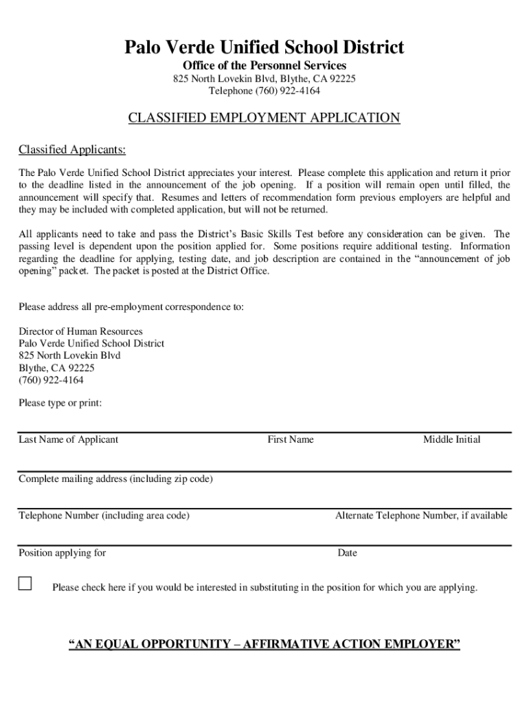 Fillable Online Palo Verde Unified School District - pvusd.us Fax Email ...