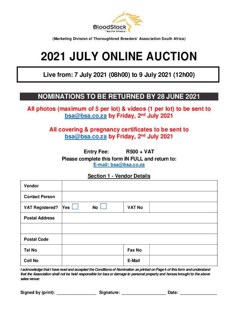 Fillable Online 2021 July Online Auction Entry Form Fax Email Print ...