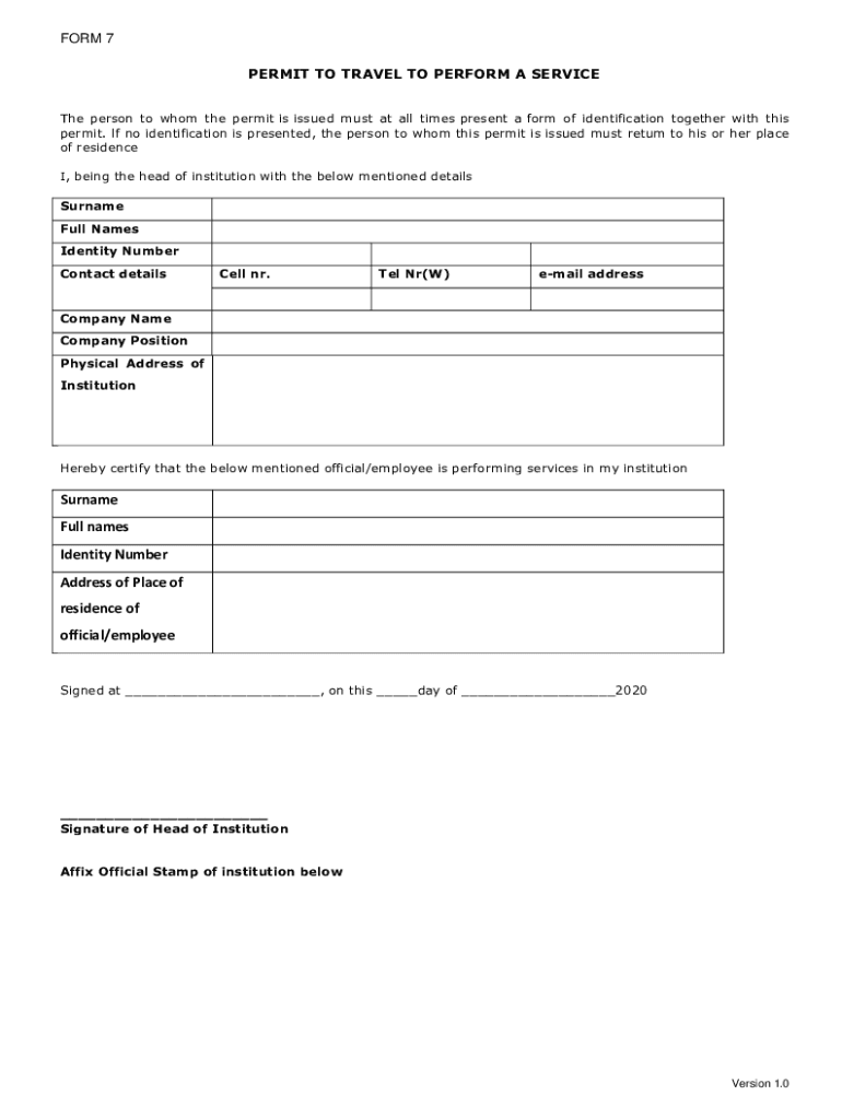 Fillable Online FORM 7 PERMIT TO TRAVEL TO PERFORM A SERVICE Fax Email ...