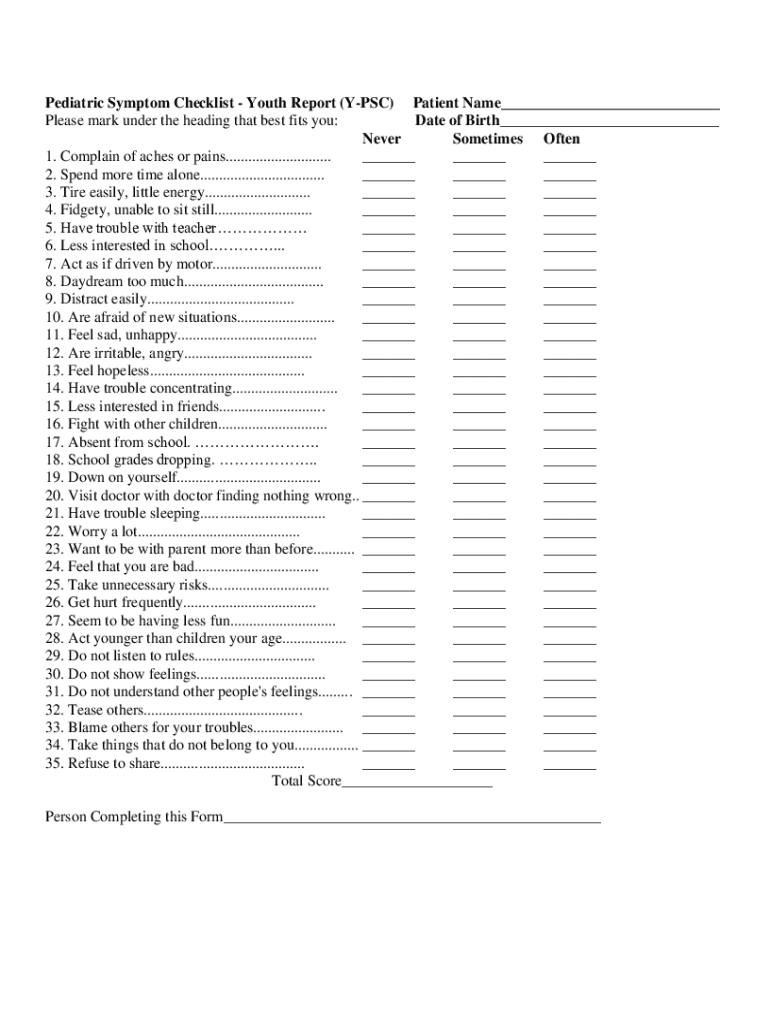 Fillable Online Pediatric Symptom Checklist - Youth Report (Y-PSC) Patient ... Fax Email Print ...