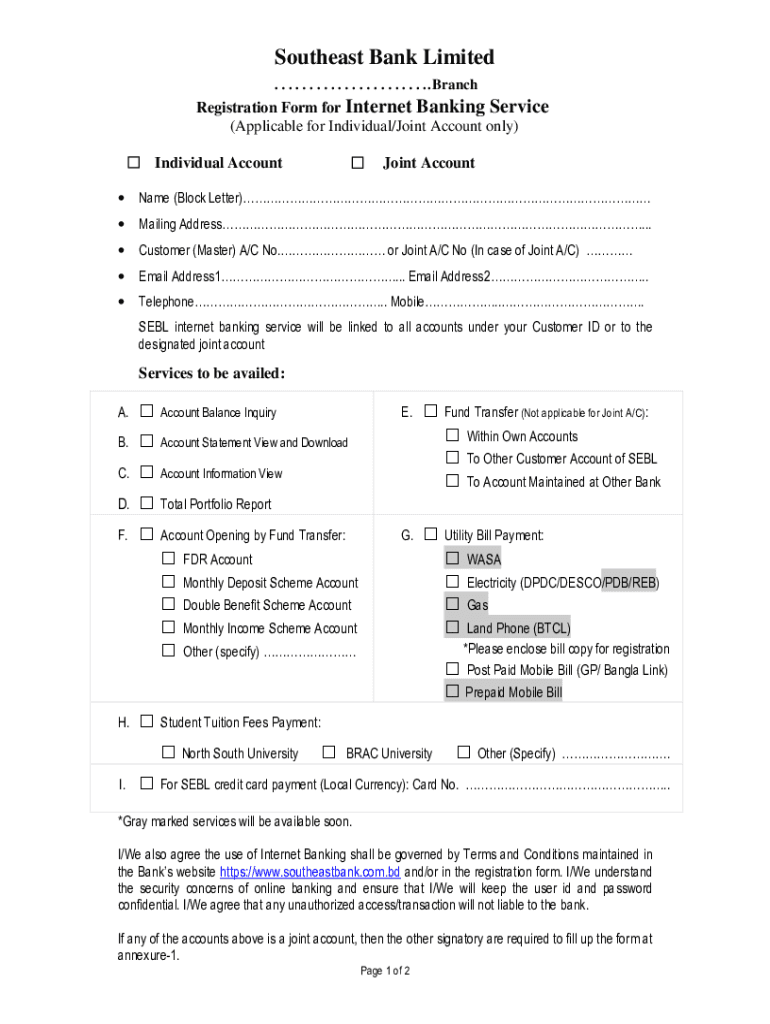 Fillable Online Internet Banking and SEBL App Application Form Fax ...