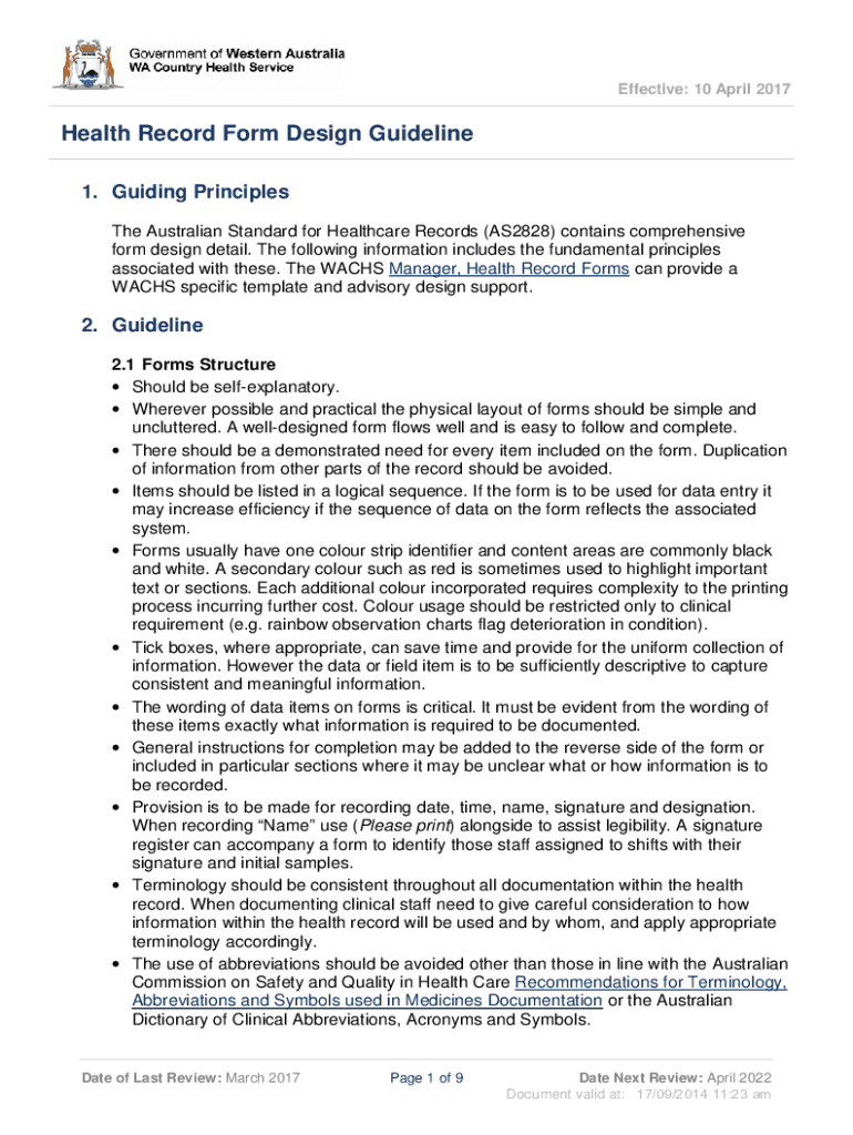 Fillable Online WACHS Health Record Form Design Guideline. Health ...