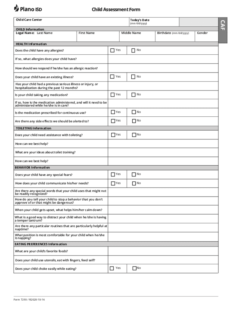 Fillable Online Plano ISD Employee Child Care Child Assessment Form Fax ...