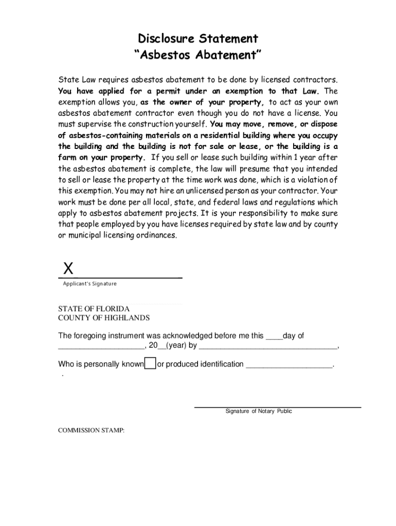Fillable Online PDF DISCLOSURE STATEMENT - ASBESTOS State law requires ...