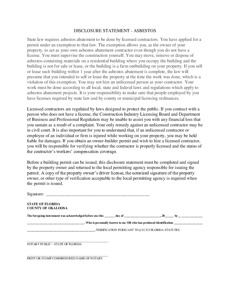 Fillable Online DISCLOSURE STATEMENT FOR OWNER CONTRACTOR AND /OR Fax ...